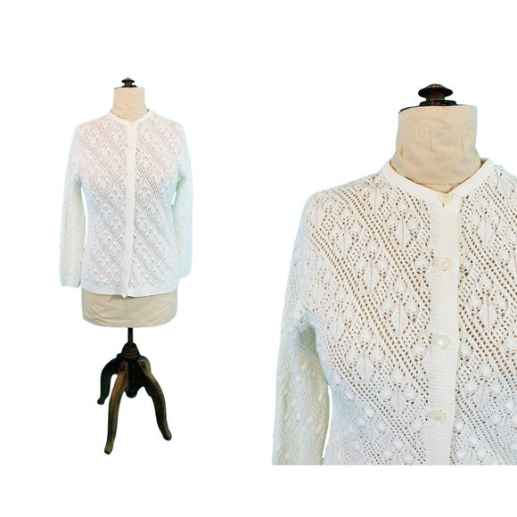 Vintage | Sweaters | Vintage 96s White Acrylic Cardigan Diagonal Line ...